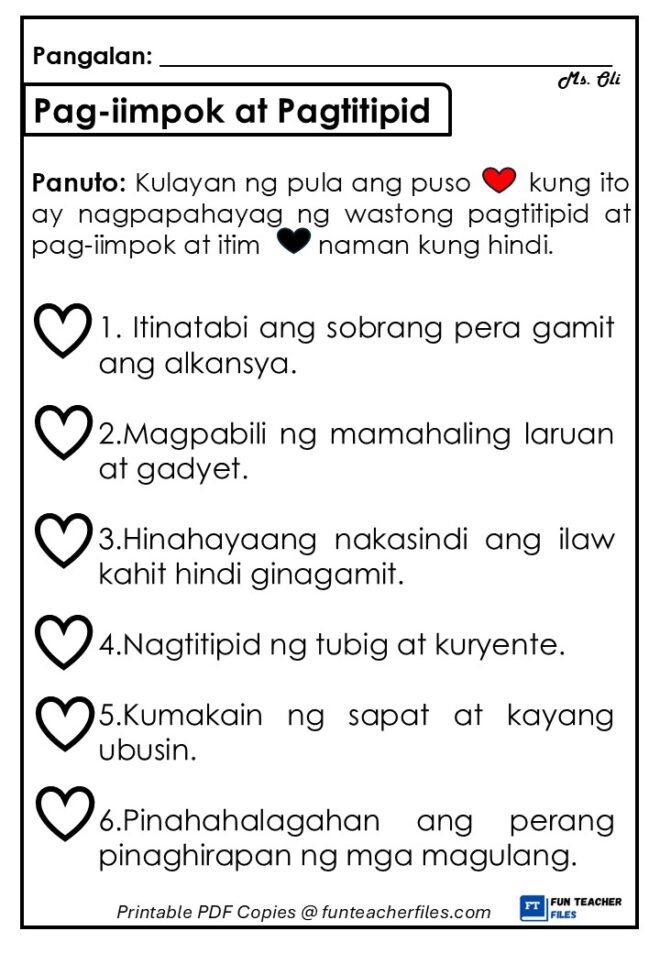 Wastong Pag-iimpok at Pagtitipid Worksheet 1 - Fun Teacher Files