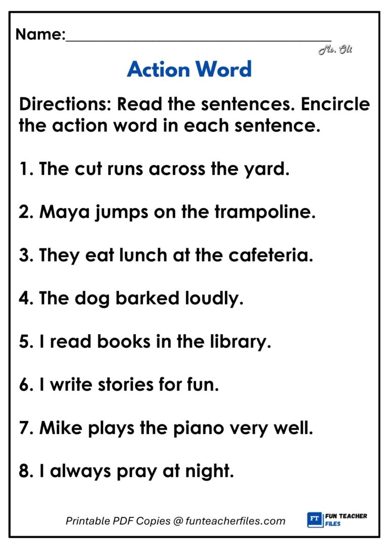 Verb or Action Word Worksheet 4 - Fun Teacher Files