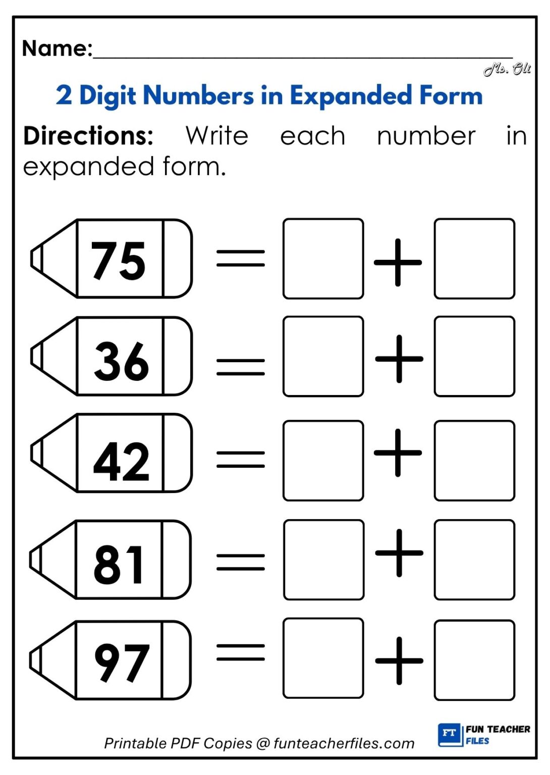 Expanded Form of 2 Digit Numbers Worksheet 1 - Fun Teacher Files