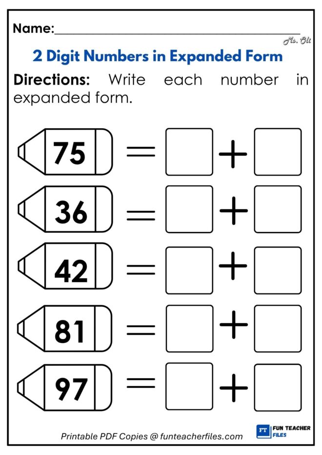 Expanded Form of 2 Digit Numbers Worksheet 1 - Fun Teacher Files