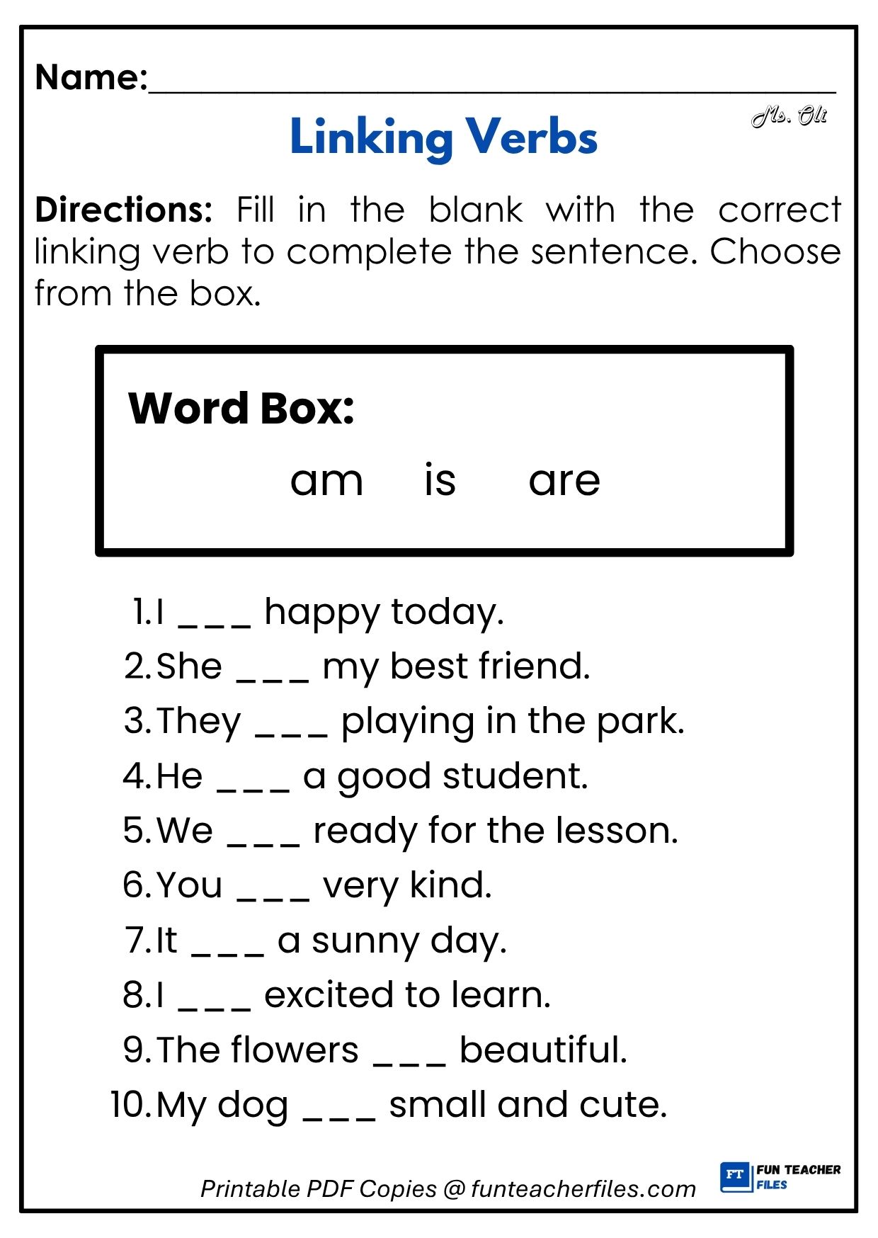 Linking Verbs Worksheet 1 - Fun Teacher Files