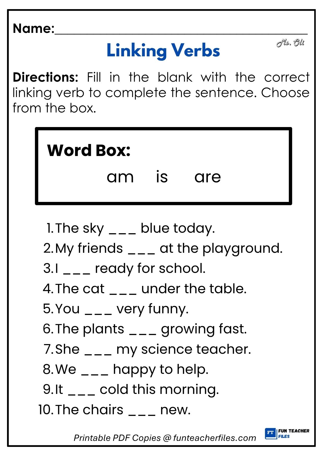 Linking Verbs Worksheet 2 - Fun Teacher Files