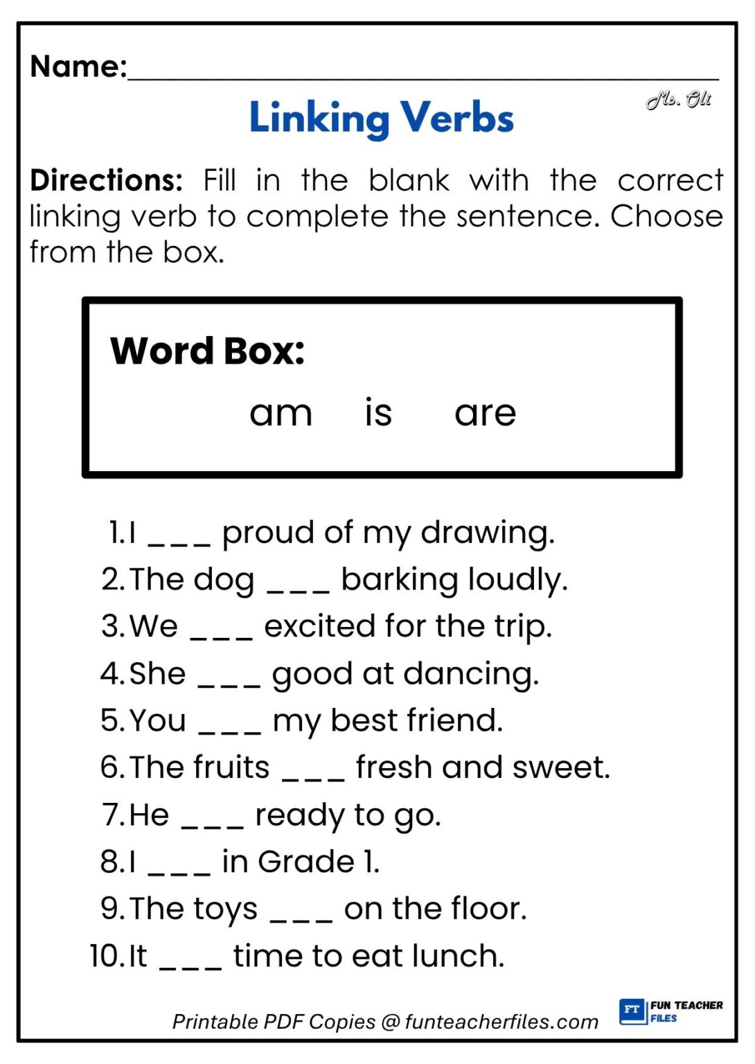 Linking Verbs Worksheet 3 - Fun Teacher Files