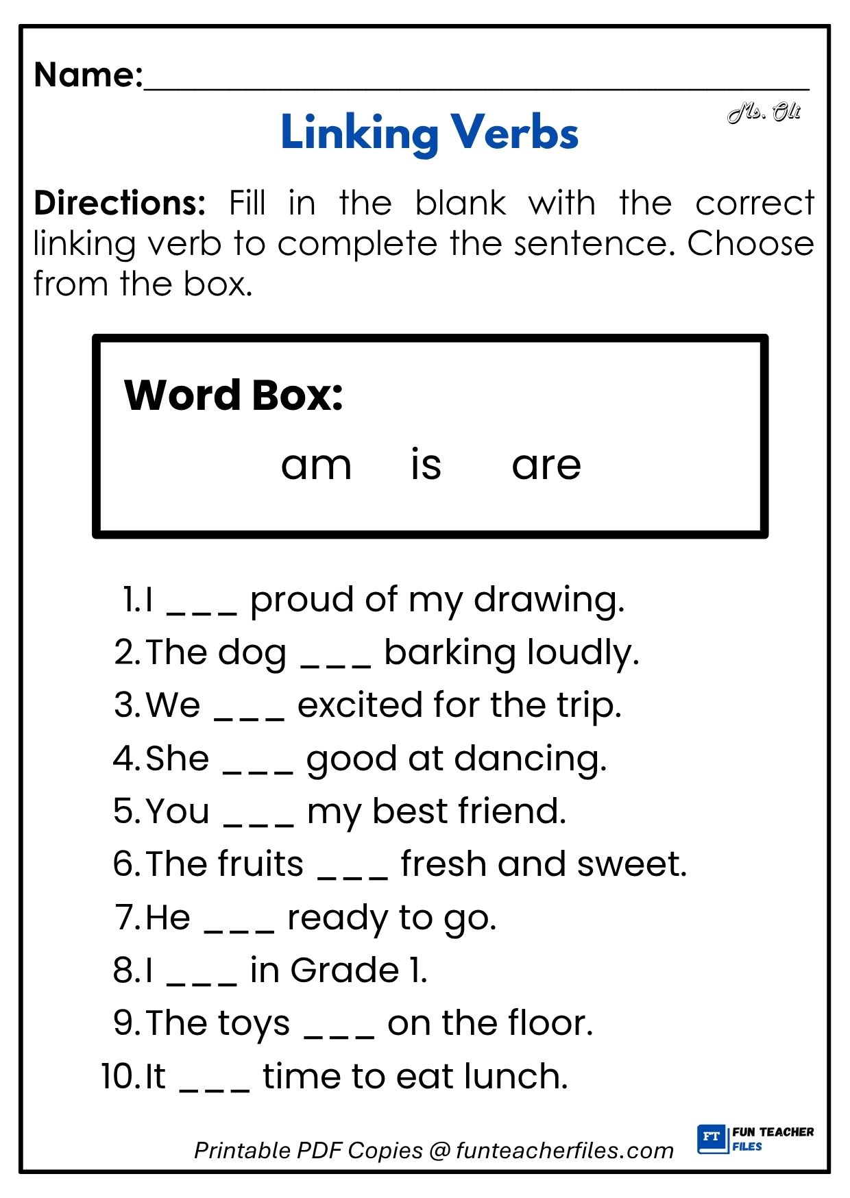 Linking Verbs Worksheet 3 - Fun Teacher Files