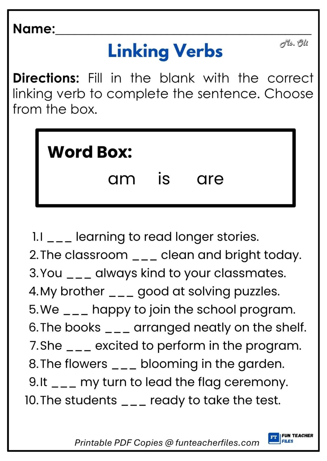 Linking Verbs Worksheet 4 - Fun Teacher Files