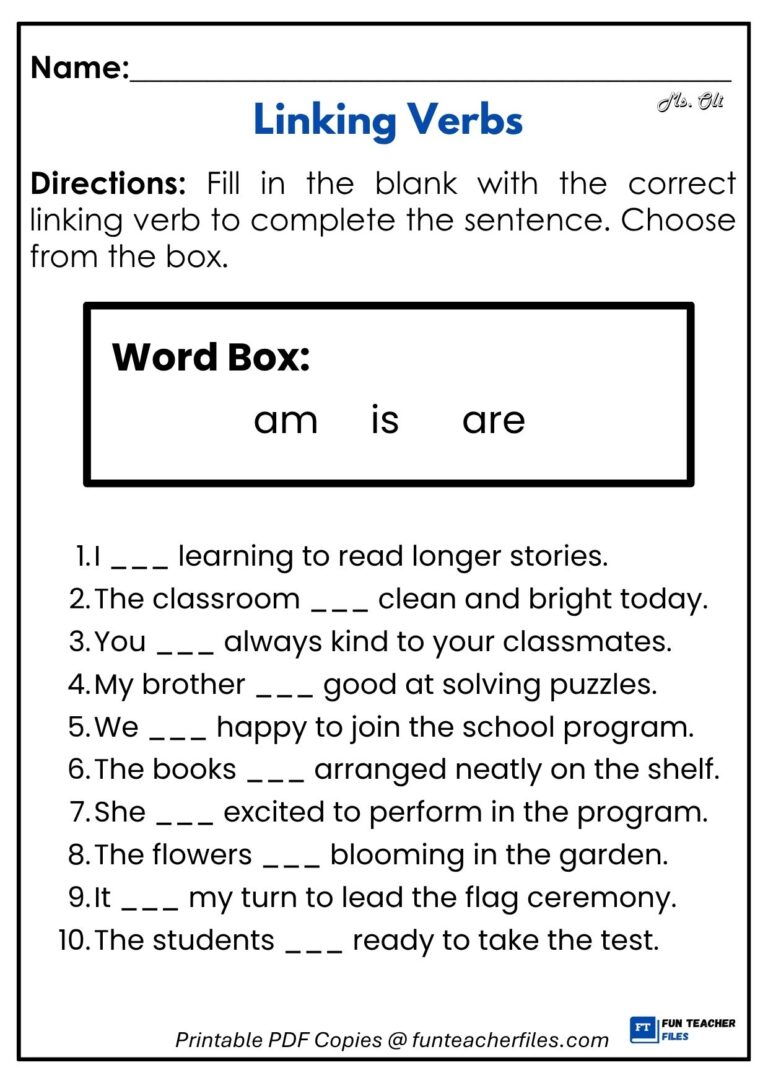 Linking Verbs Worksheet 4 - Fun Teacher Files