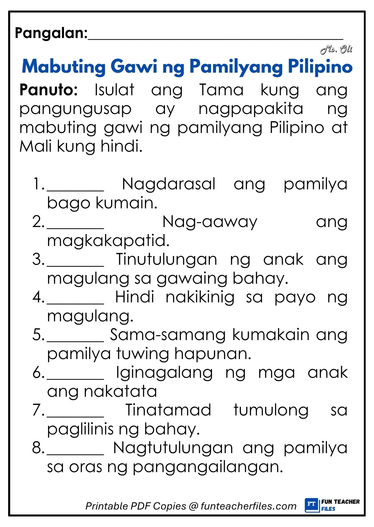 Mabuting Gawi ng Pamilyang Pilipino Worksheet 1 - Fun Teacher Files