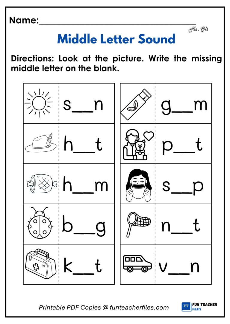 Middle Letter Sound Worksheet 3 - Fun Teacher Files