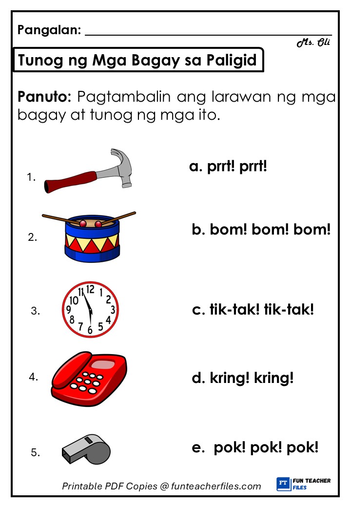 Tunog ng mga Bagay sa Paligid Worksheet 1 - Fun Teacher Files