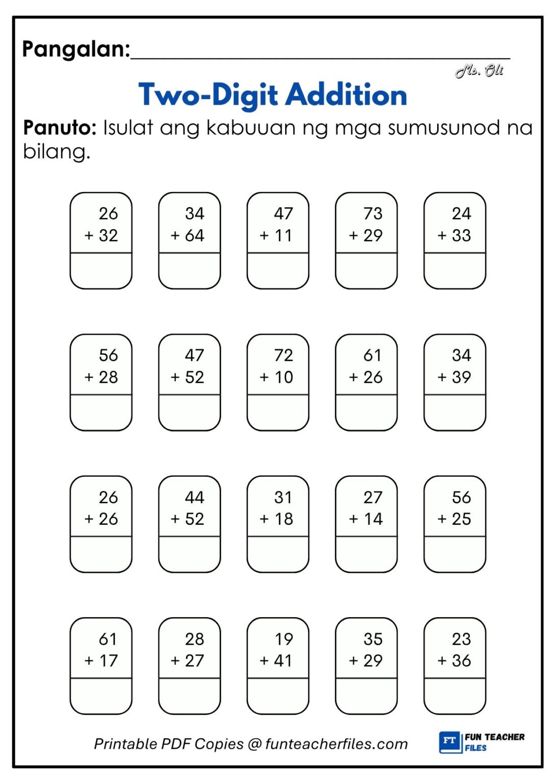 Two Digit Addition Worksheet 1 - Fun Teacher Files