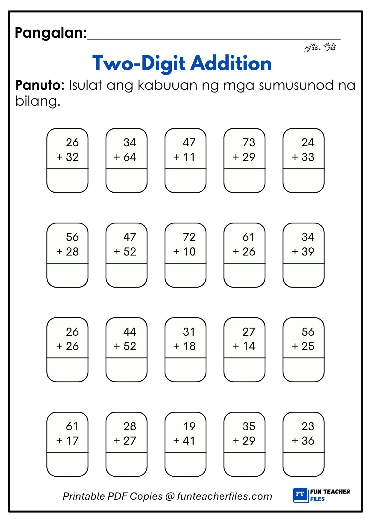 Two Digit Addition Worksheet 1 - Fun Teacher Files