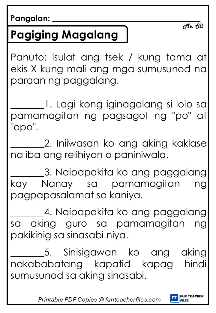 Pagiging Magalang Worksheet 1 - Fun Teacher Files