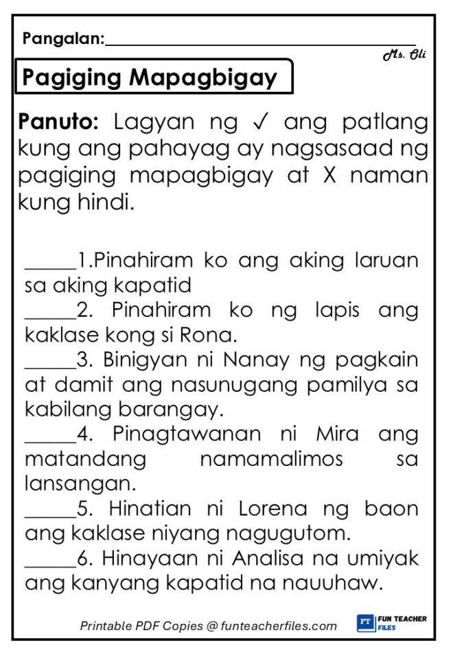 Pagiging Mapagbigay Worksheet 1 - Fun Teacher Files