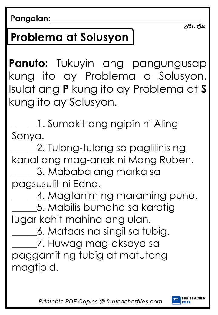 Problema at Solusyon Worksheet 3 - Fun Teacher Files