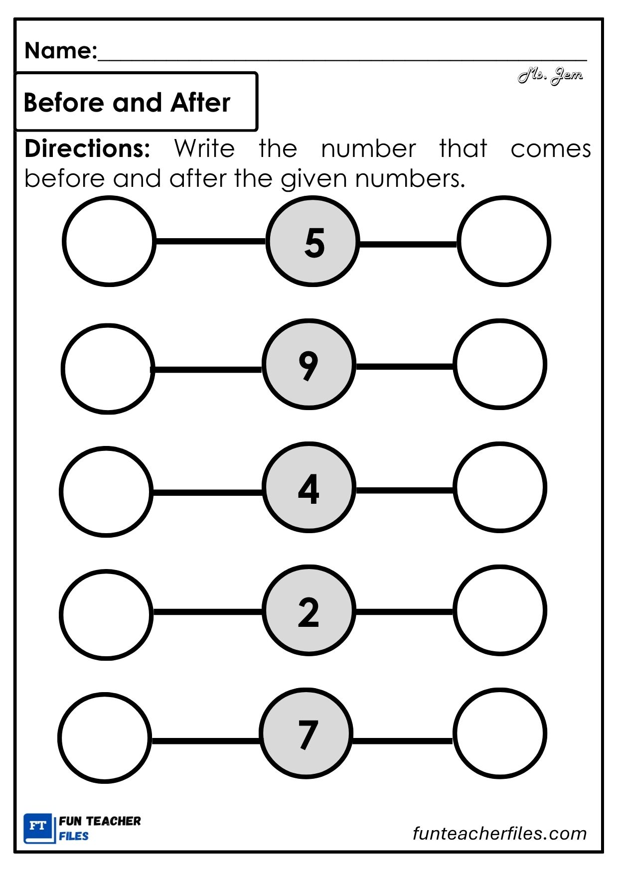 Number Before and After Worksheet 1 - Fun Teacher Files