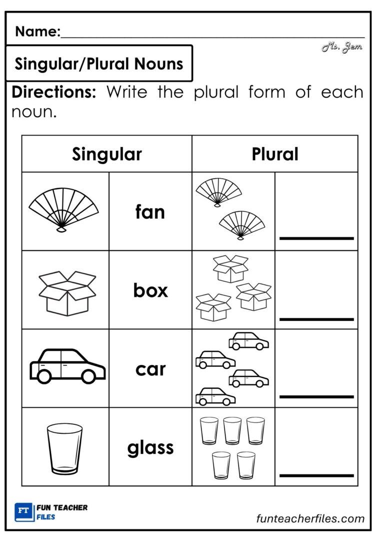 Singular - Plural Worksheet 4 - Fun Teacher Files