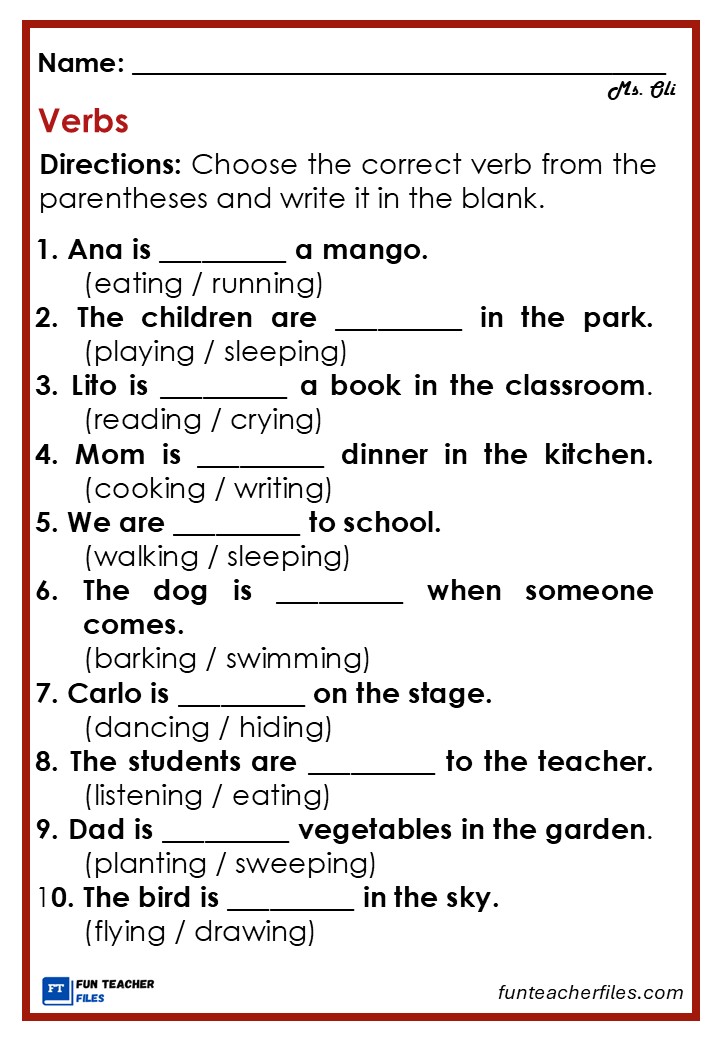 Verbs Worksheet 4 - Fun Teacher Files