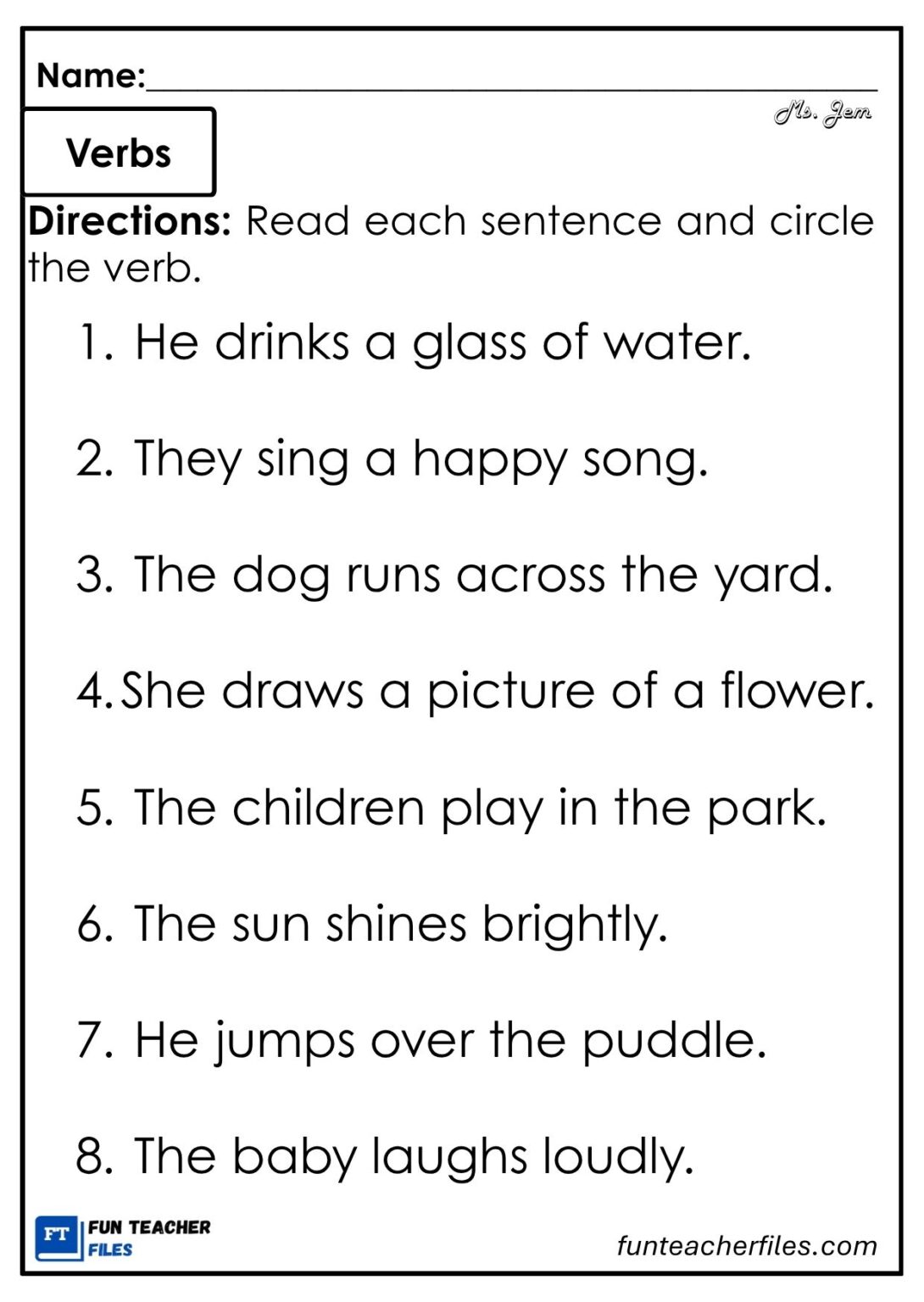 Verbs Worksheet 7 - Fun Teacher Files
