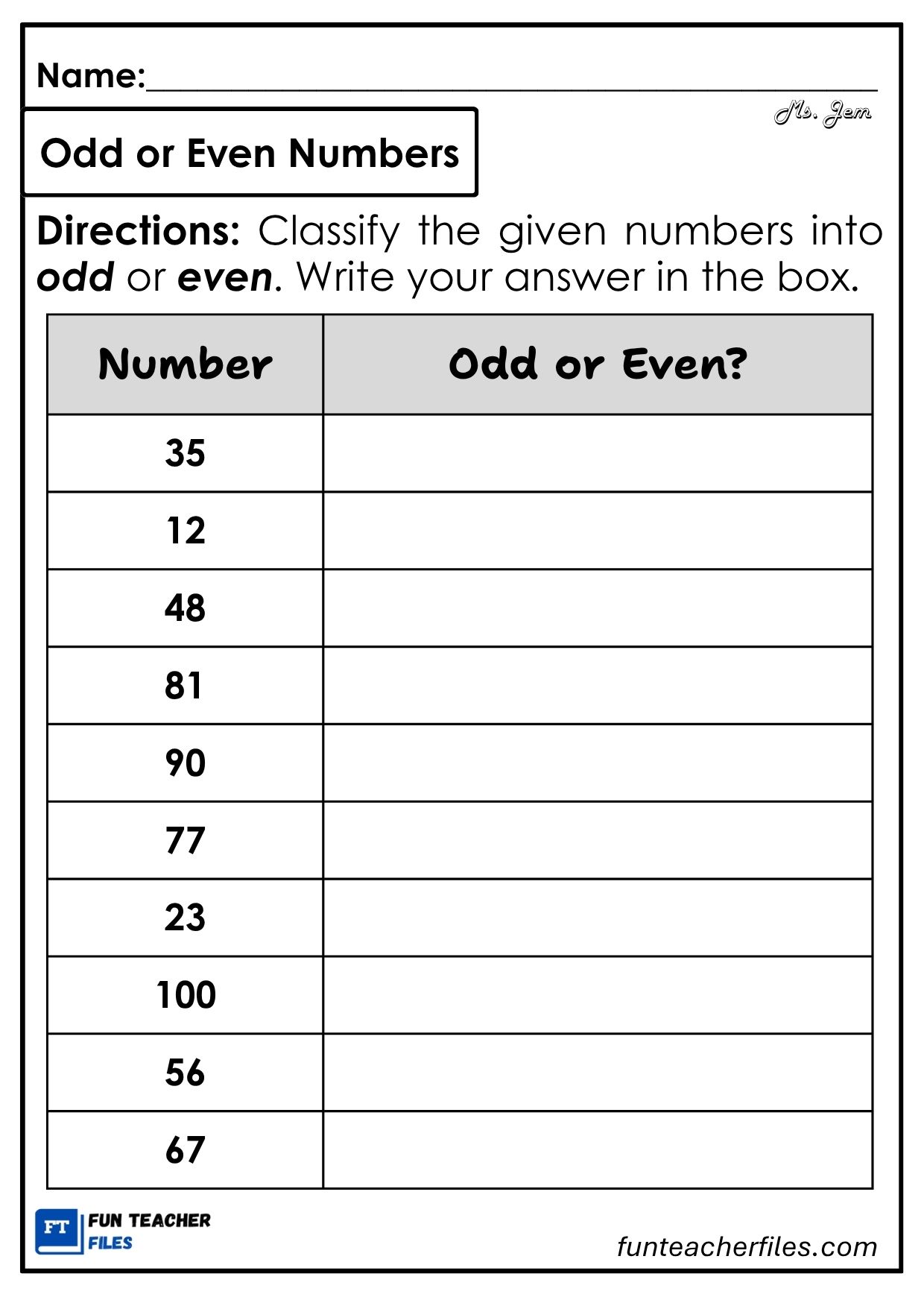 Odd or Even Worksheet 4 - Fun Teacher Files