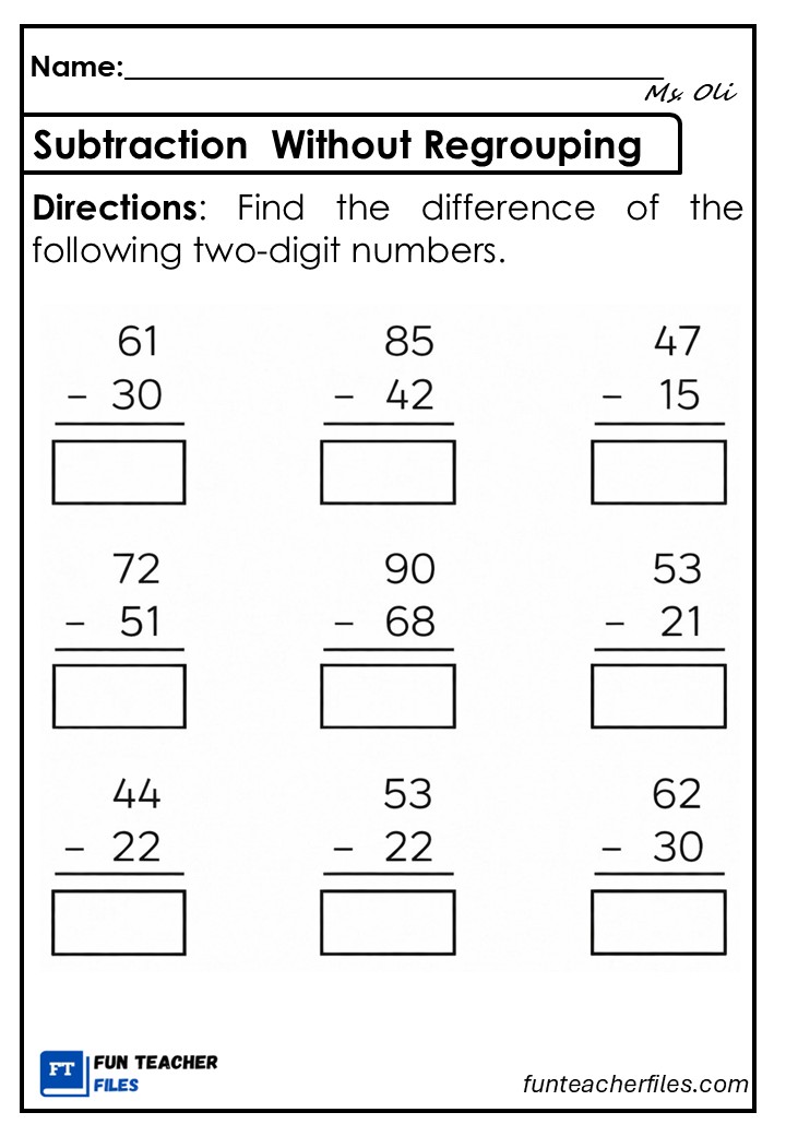 Subtraction Without Regrouping Worksheet 2 - Fun Teacher Files