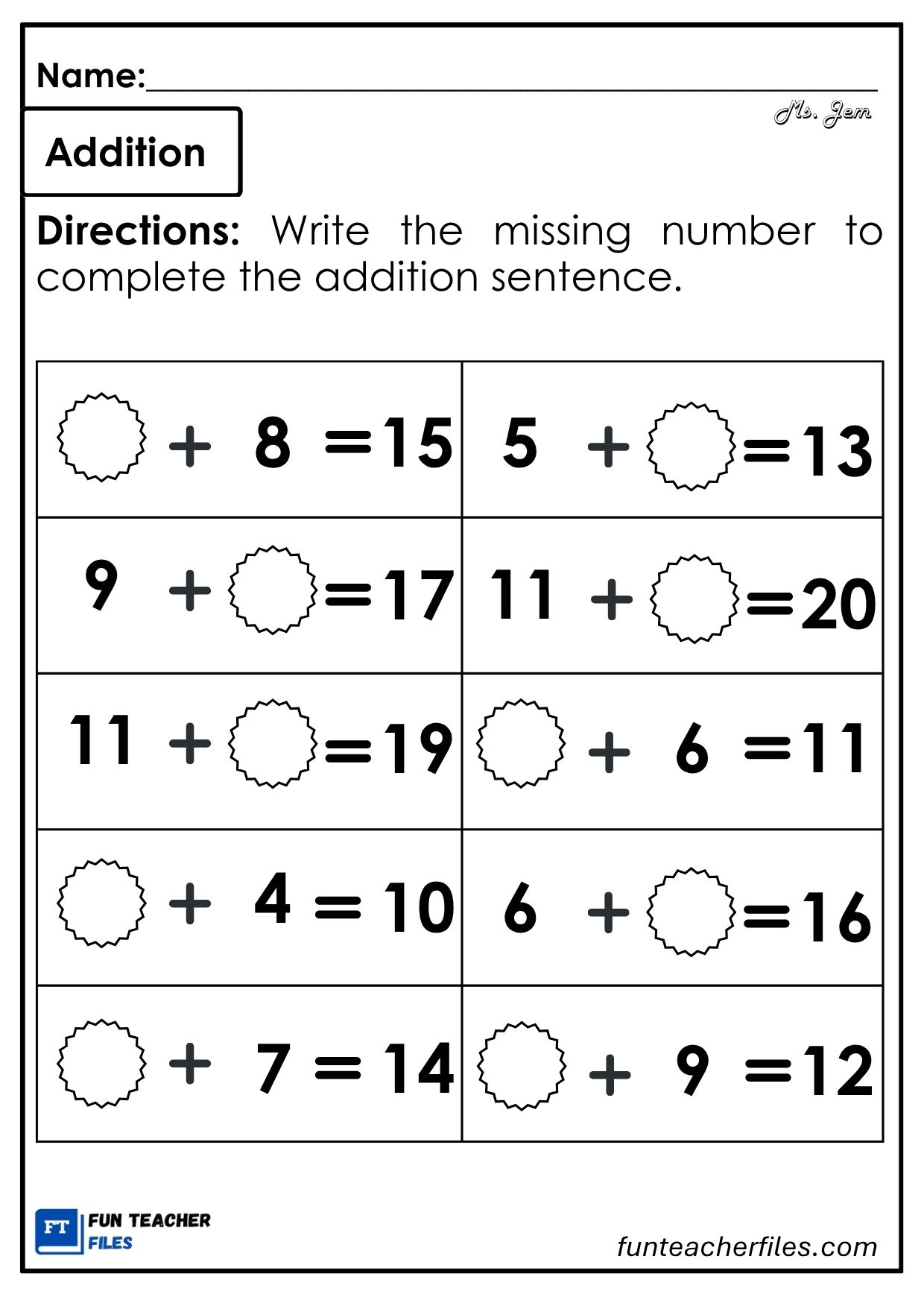 Addition Worksheet 5 - Fun Teacher Files