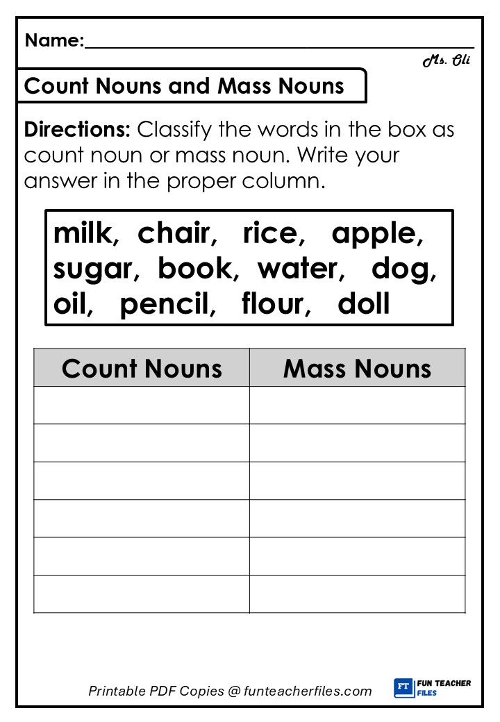 Count Nouns and Mass Nouns Worksheet 1 - Fun Teacher Files