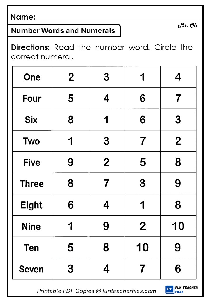 Number Words and Numerals Worksheet 1 - Fun Teacher Files